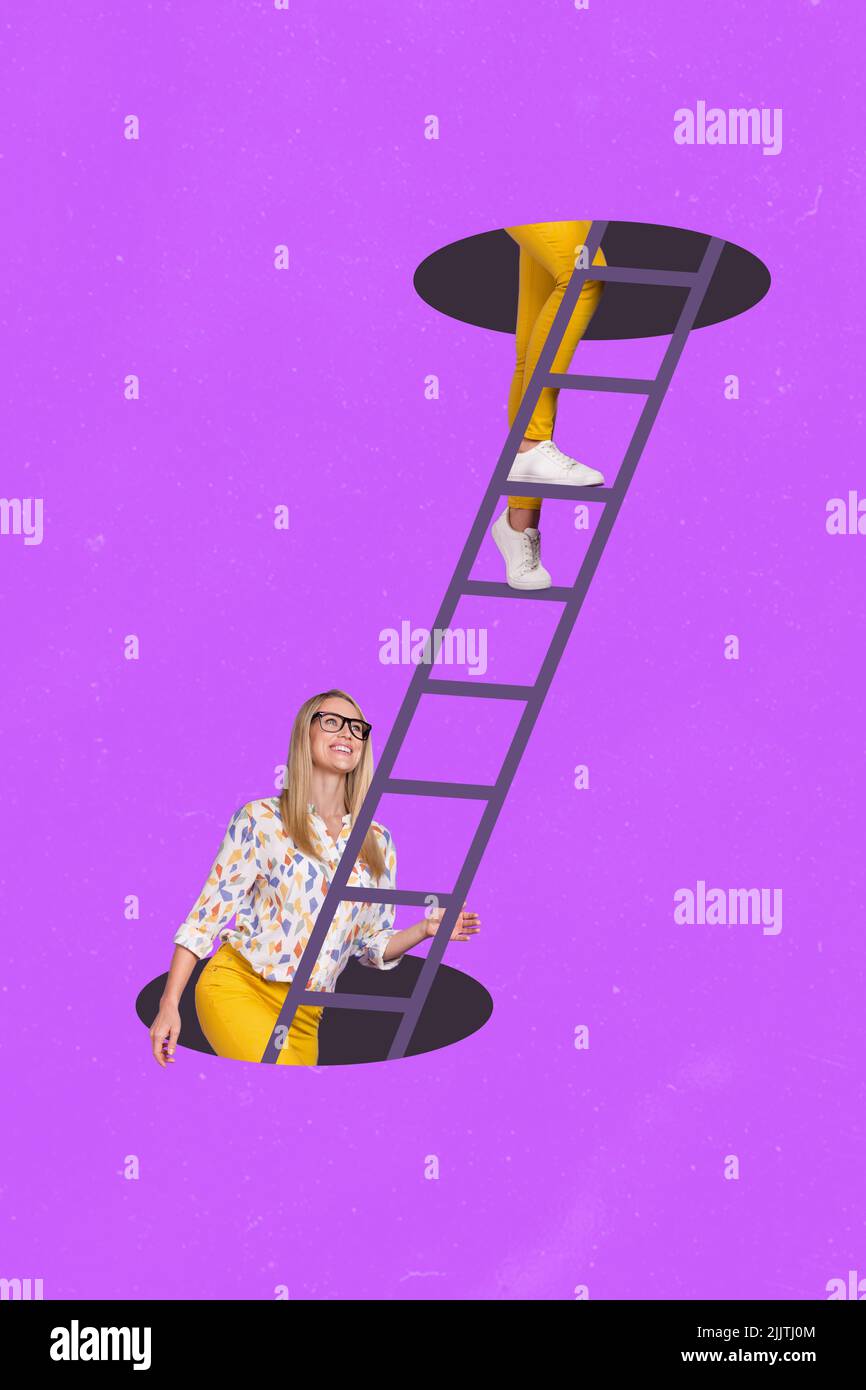 Vertical collage picture of positive girl climbing drawing ladder up ...