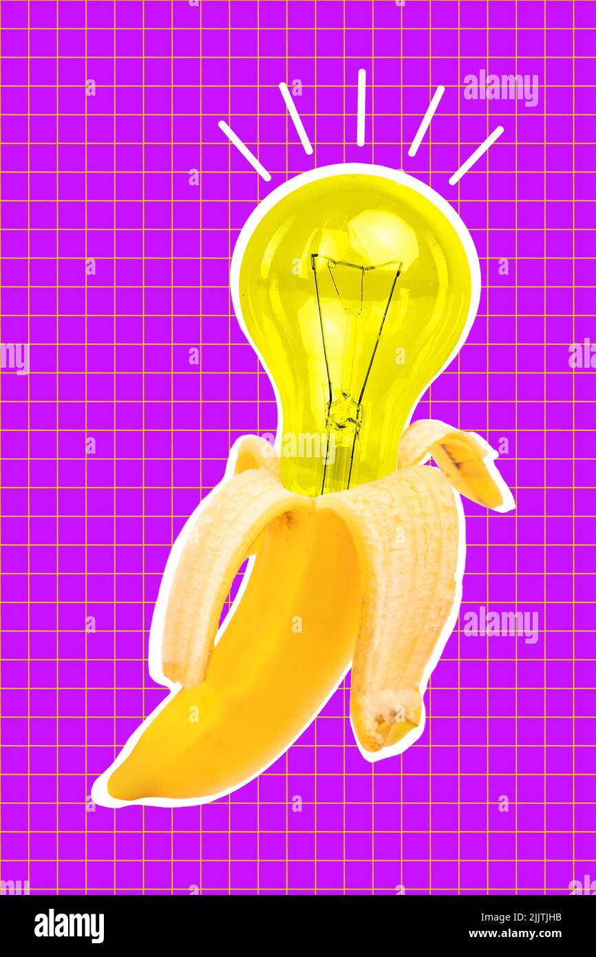 Vertical collage illustration of light bulb inside banana isolated on ...
