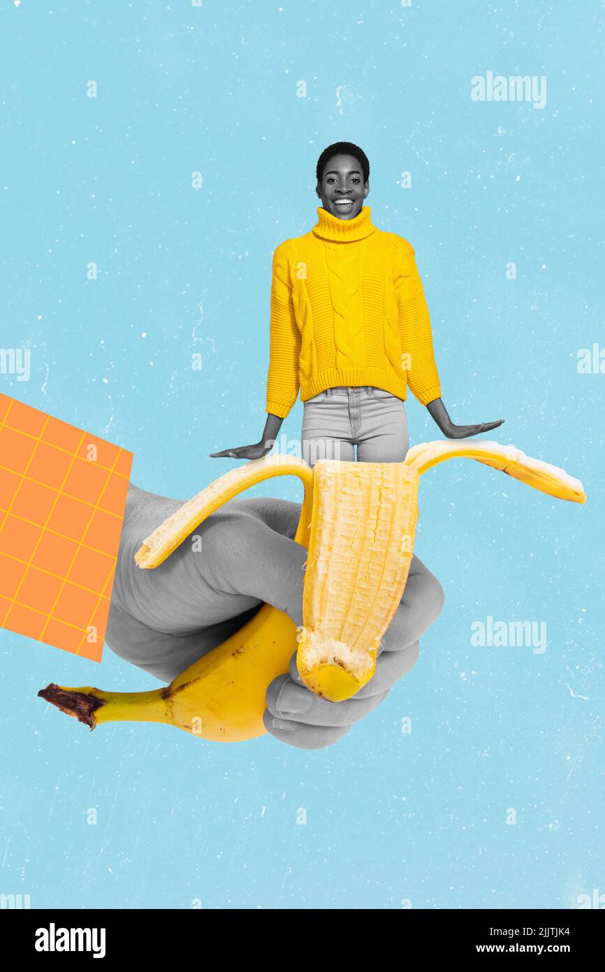 Vertical collage illustration of big arm hold banana excited positive ...