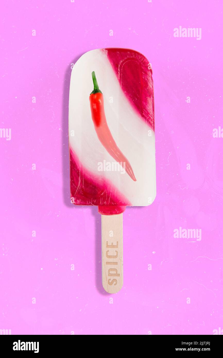 Vertical composite collage illustration of ice cream stick chili pepper ...