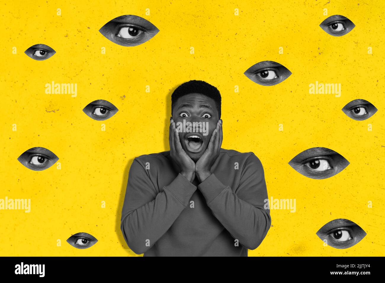 Poster collage of frightened guy eyes focus on him public society ...