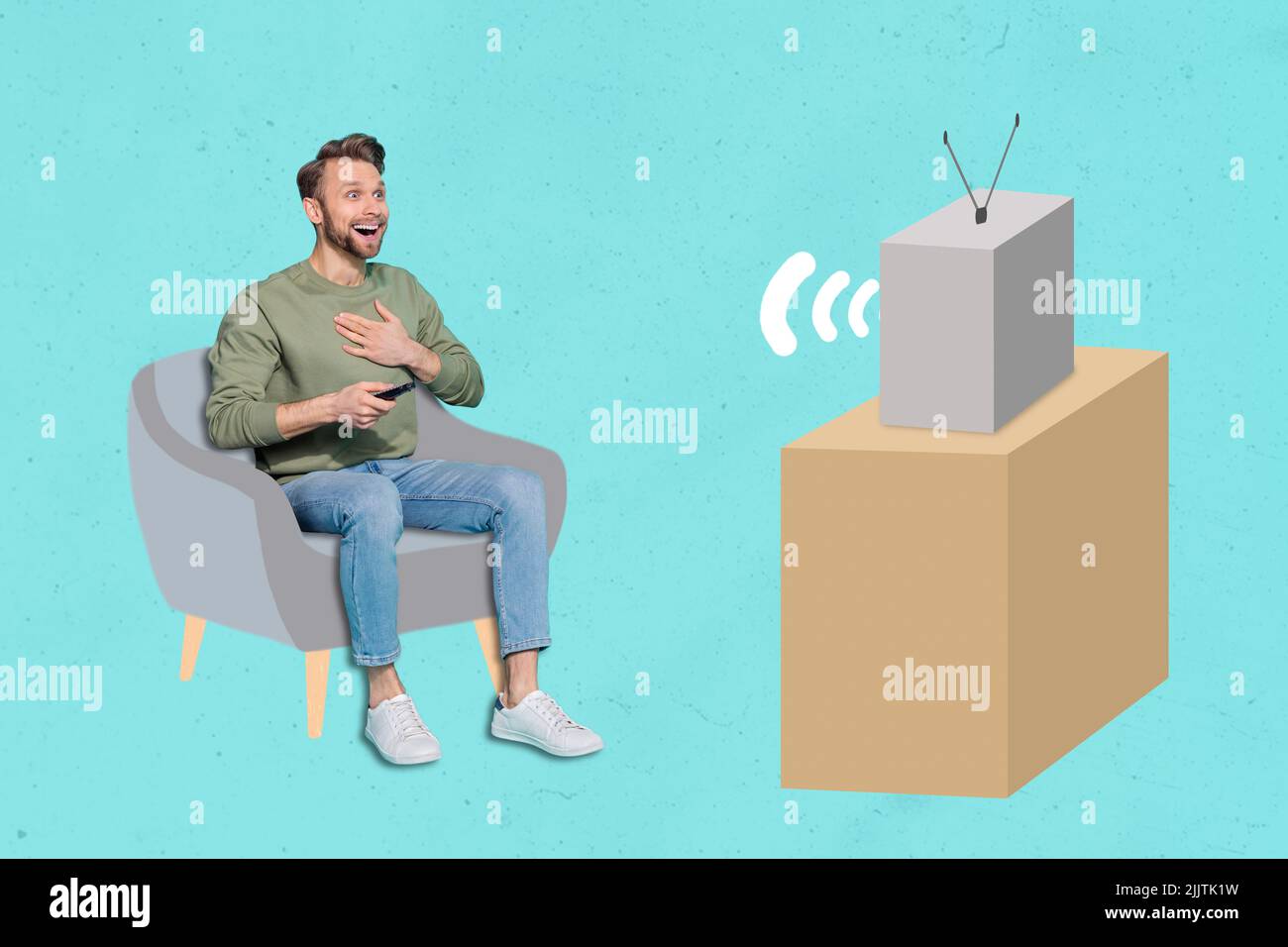 Collage picture of positive excited guy sit chair hold remote control ...