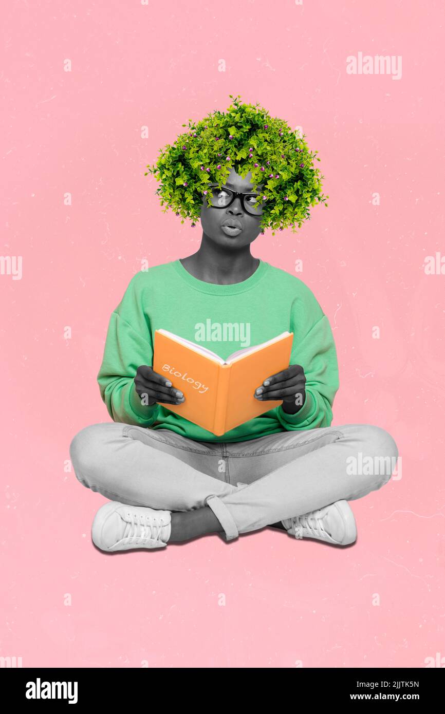 Magazine collage of woman with leaves hairdo read novel forest world ...