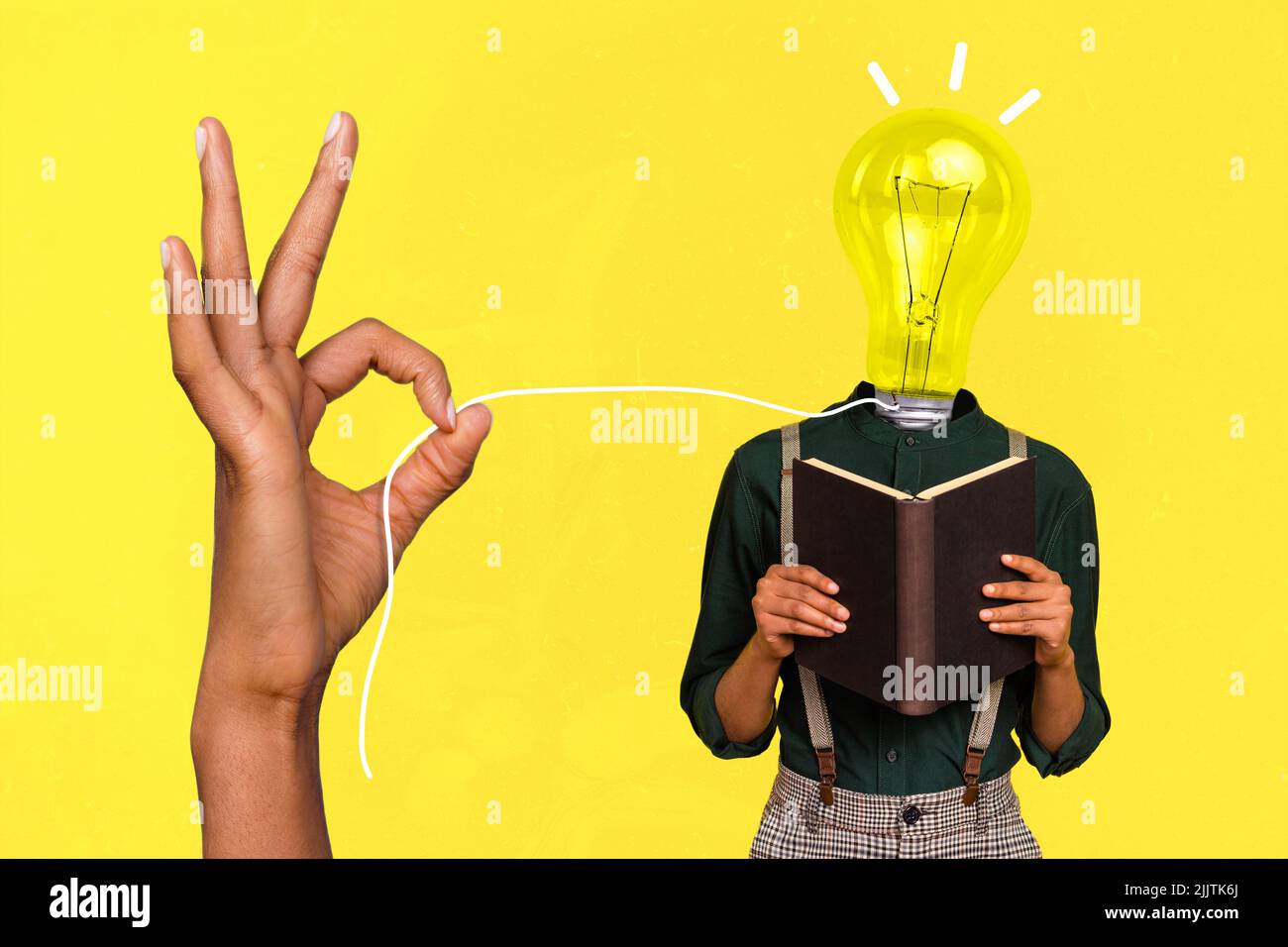 Magazine collage of human with light bulb face smart idea read novel ...