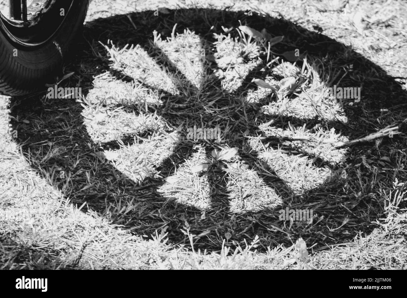 A grayscale shot of the shadow of a wheel Stock Photo - Alamy