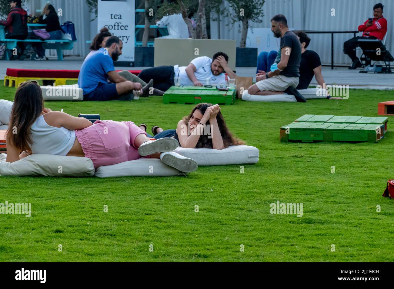A view of locals and tourists chilling in Alserkal Avenue in Dubai, UAE ...