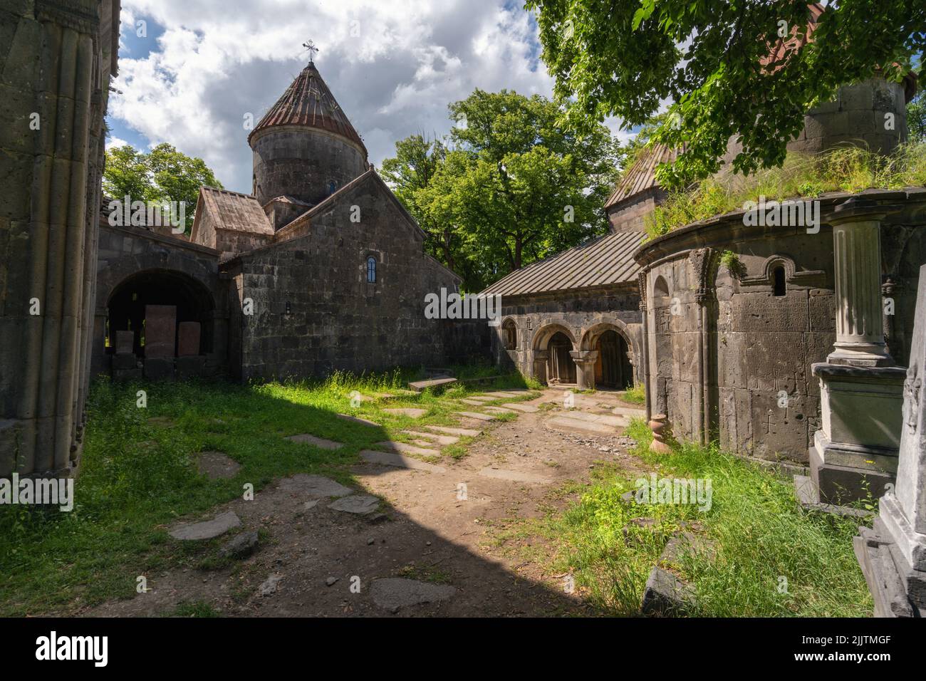Ancient armenian Sanahin Monastery in the north part of Armenia. Aerial ...