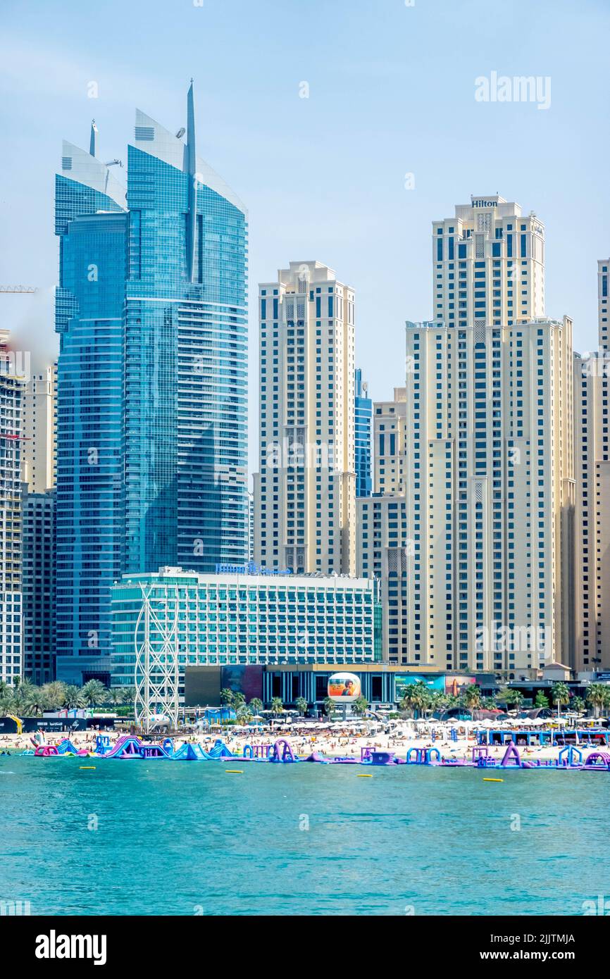 A vertical shot of the buildings in Bluewaters, Dubai Marina, UAE Stock ...