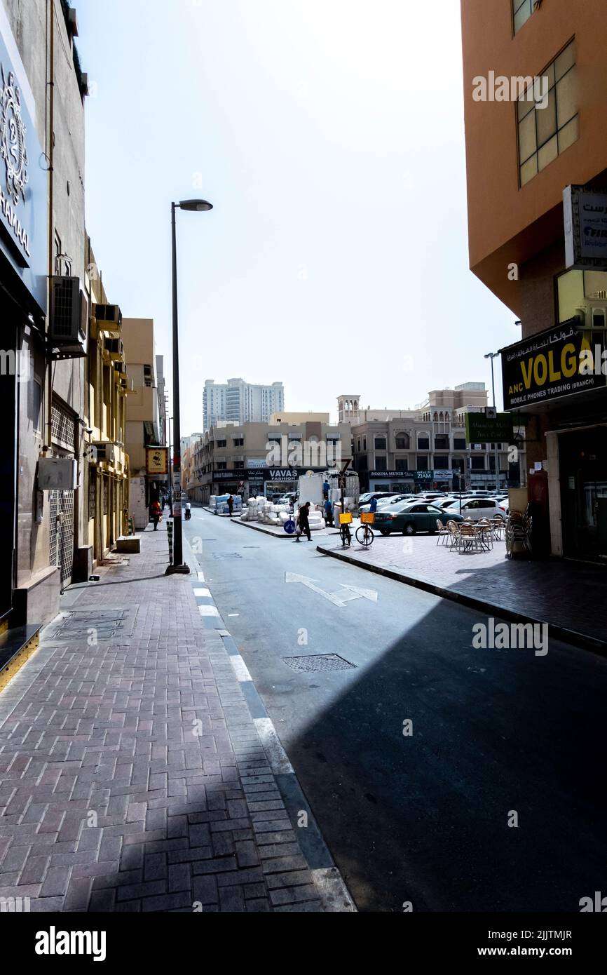 A vertical shot of the Al Seef Street in Dubai, United Arab Emirates ...