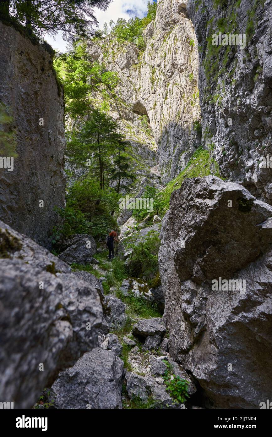 Woman hiking on a trail in a rough and steep canyon Stock Photo - Alamy
