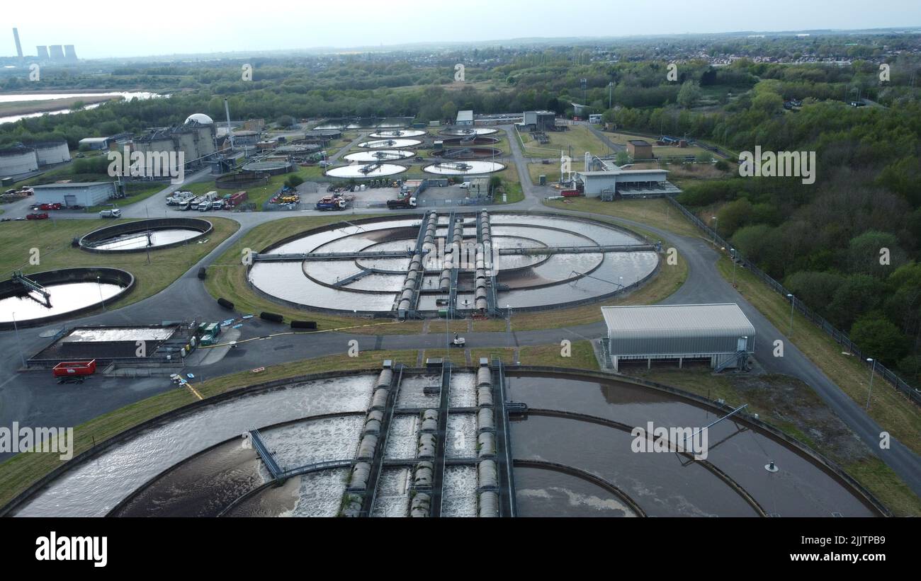 An aerial of a water treatment plant with clarifiers, sediment filter ...