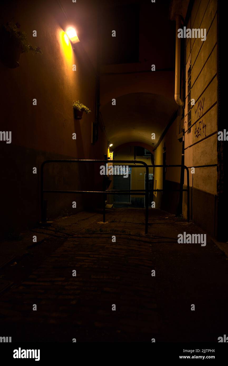 Alley lit by a single street light with bars blocking the way Stock ...