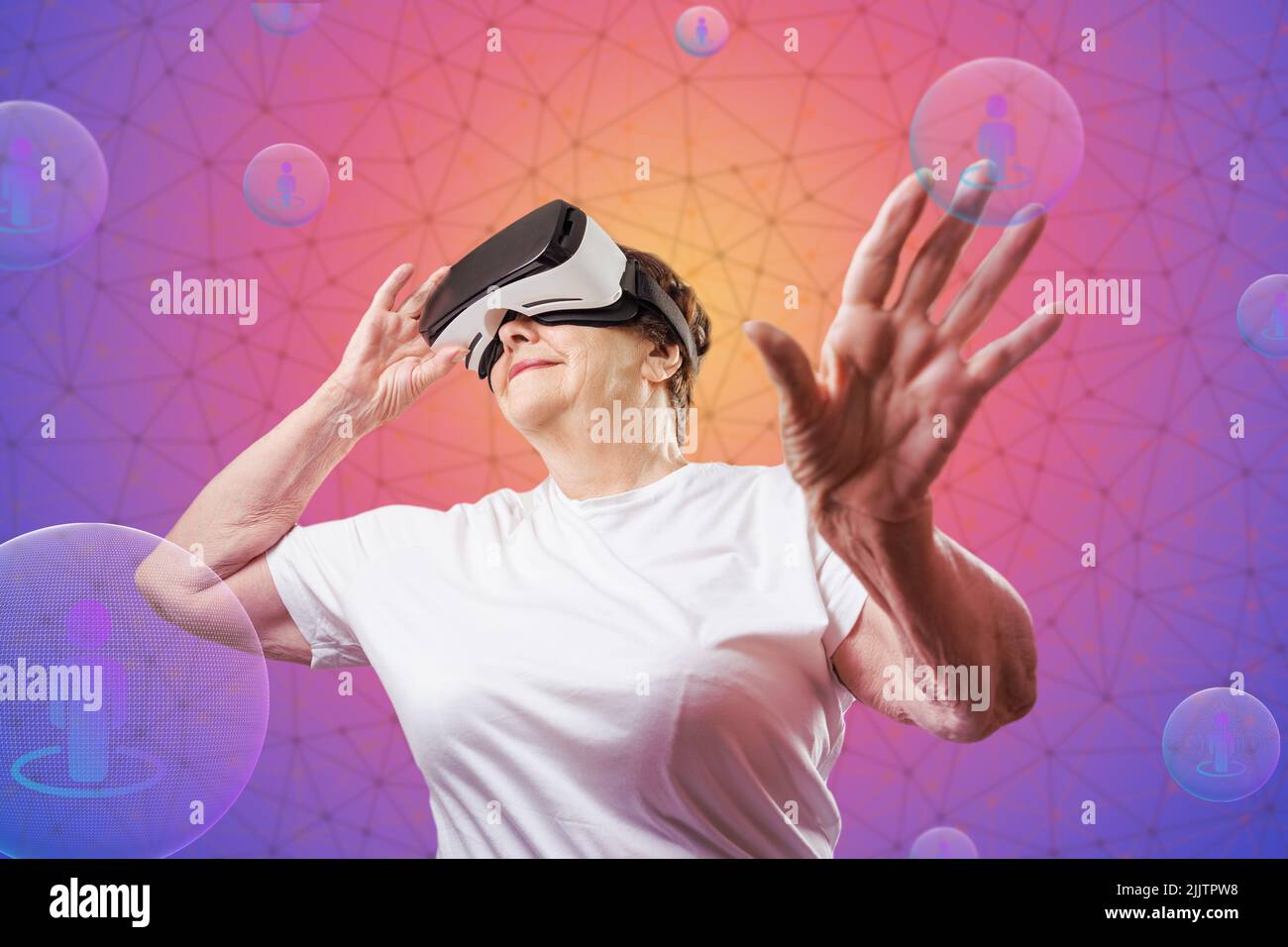 Metaverse and virtual reality. Portrait of caucasian smiling senior ...