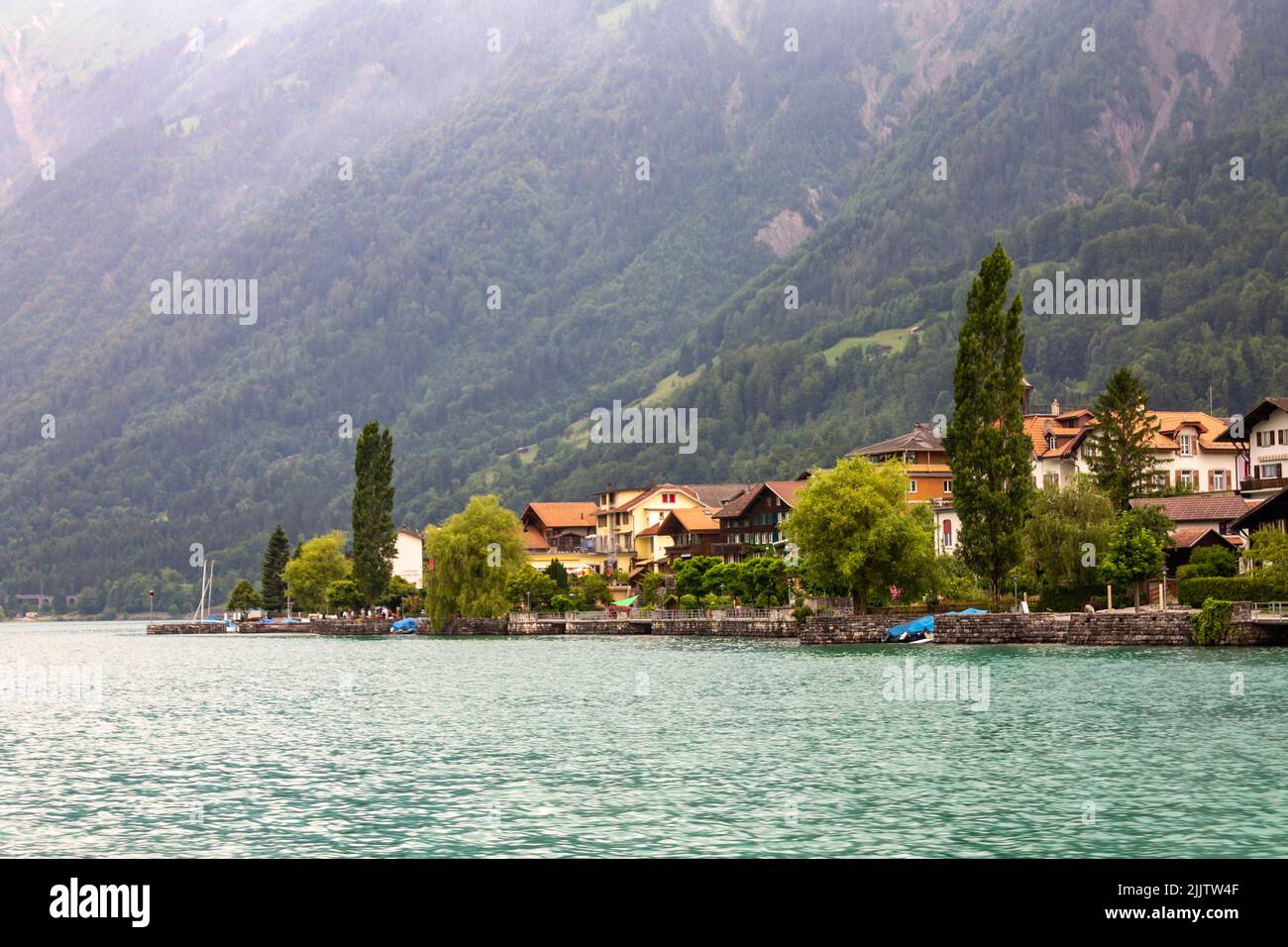 The beautiful view of Lake Brienz and the small town surrounded by the ...