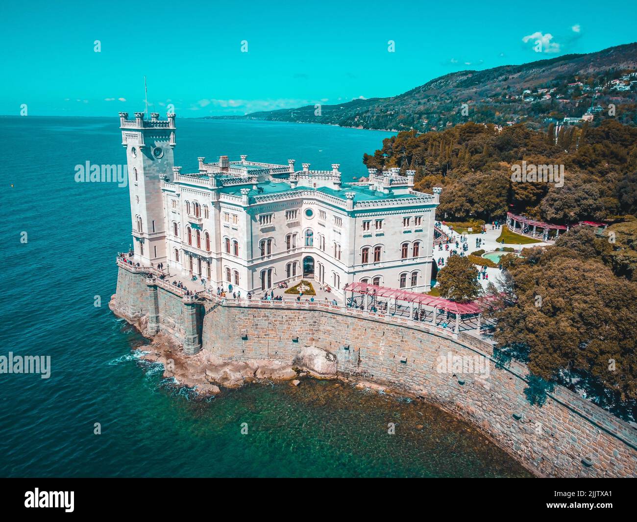 A charming aerial view of the majestic Miramare Castle in Trieste ...