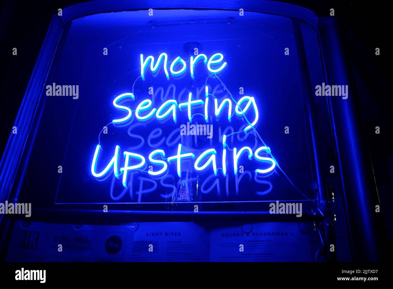more,seating,upstairs,neon,blue,sign,pub,Cowes,Isle of Wight,England,UK ...