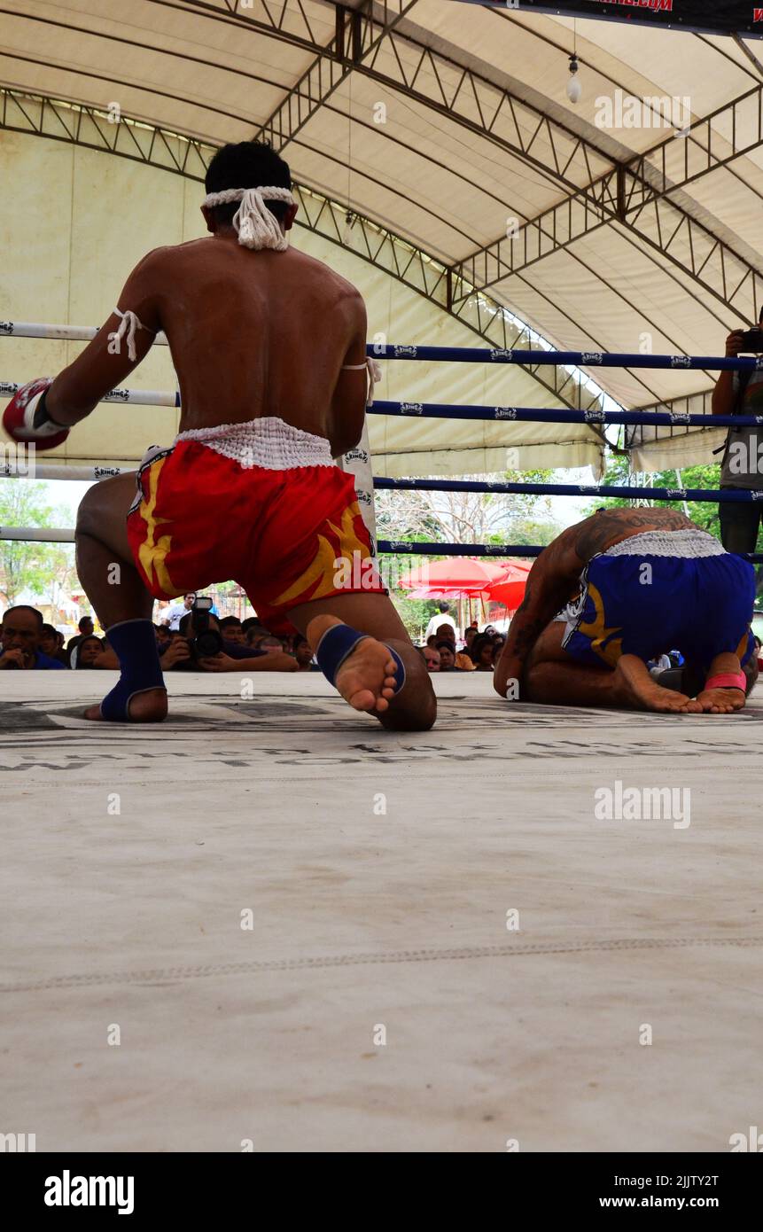 Thai men boxer punch kickboxing match with foreign fighter on boxing ...
