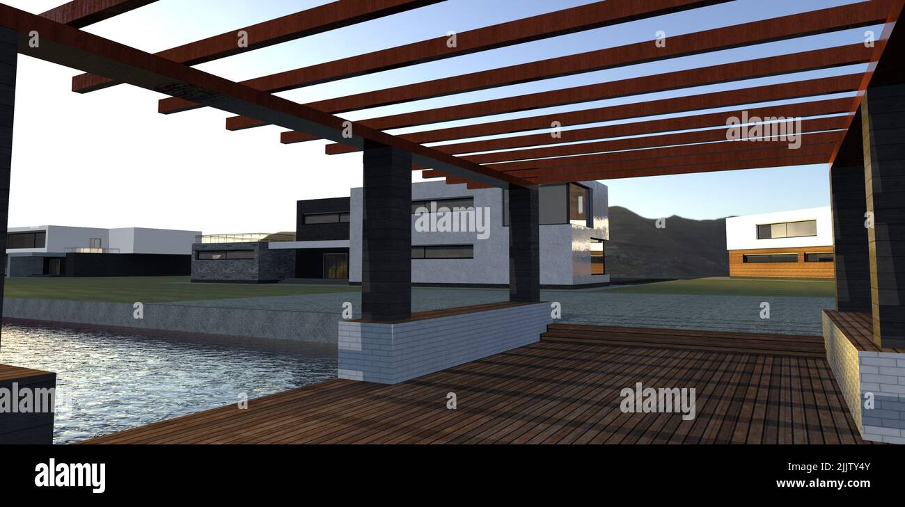 Patio on the pier. Terrace board. Finishing white brick and wood ...