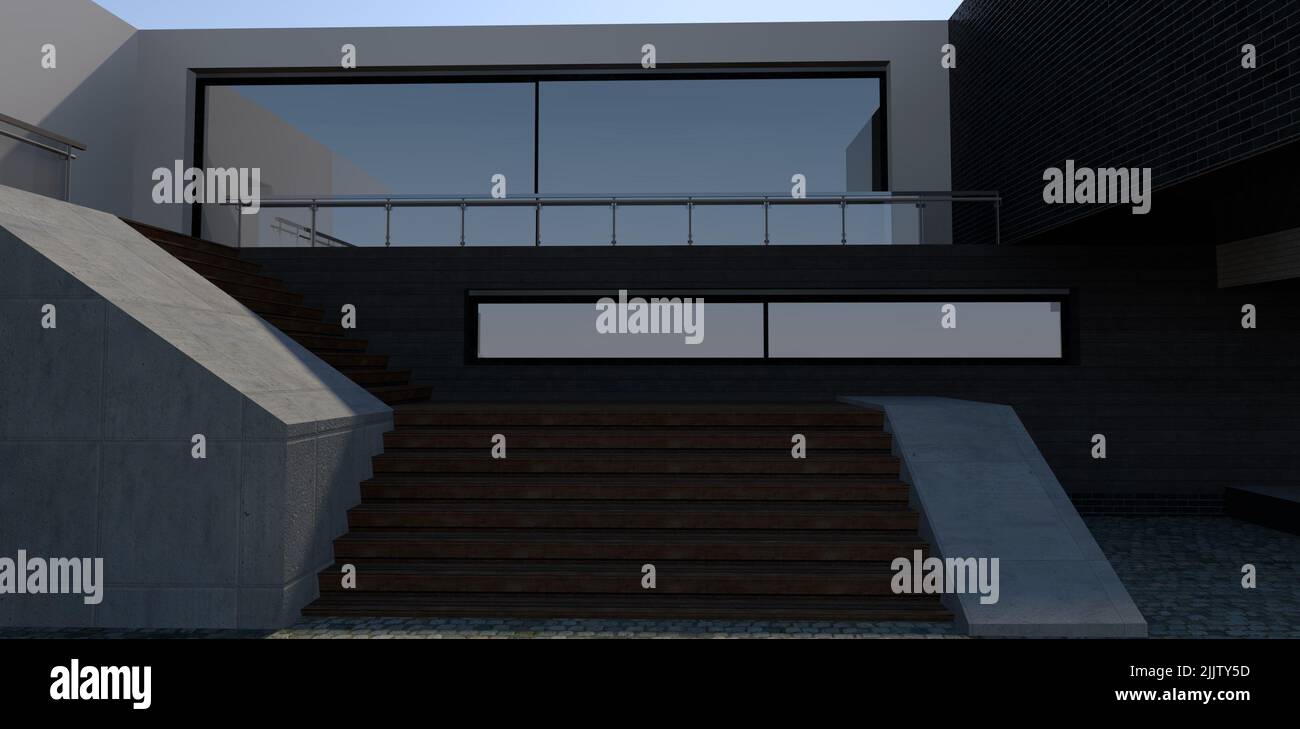 Wide staircase of a luxury home. Wooden steps. Concrete sides. Large ...