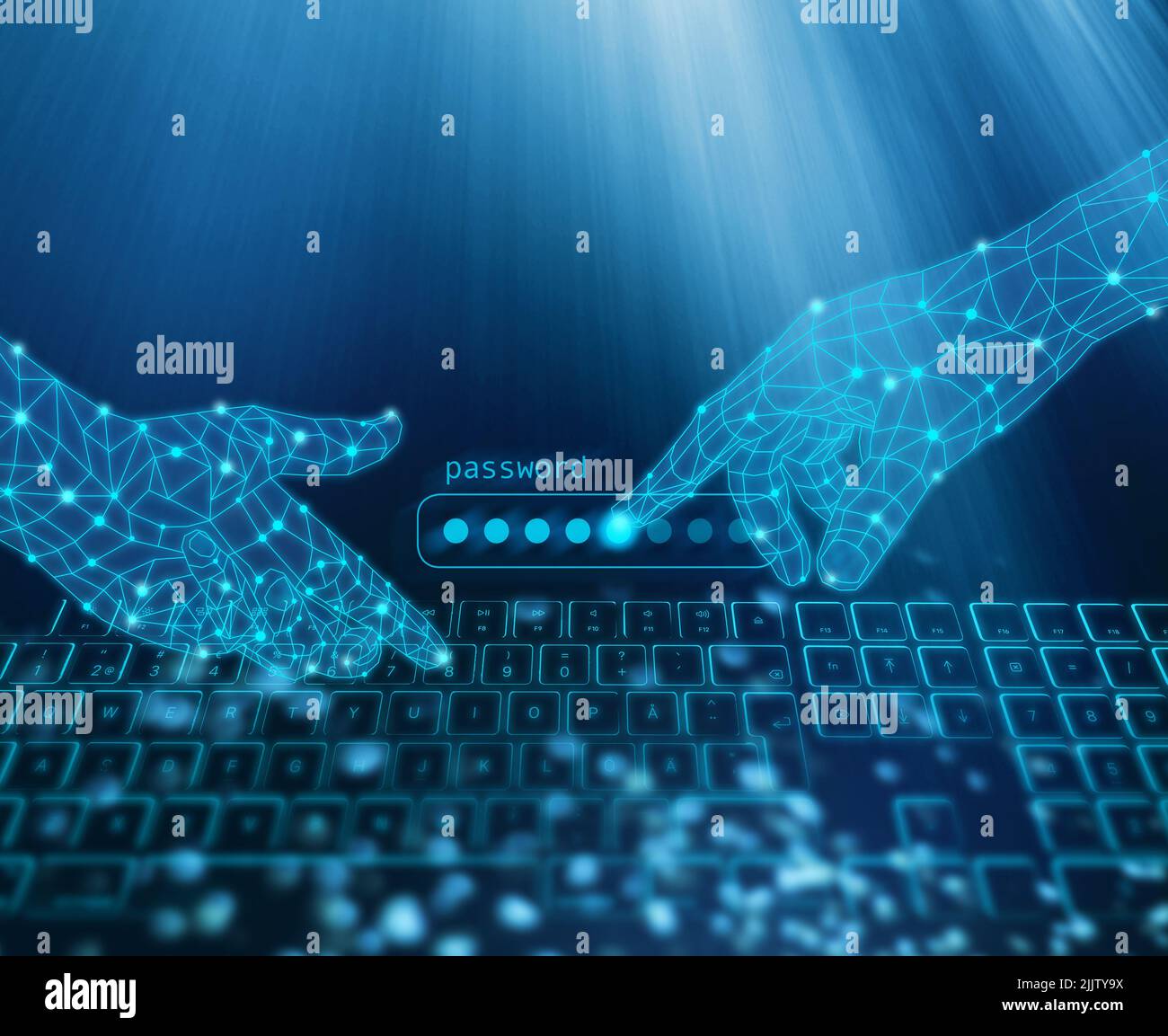 Digital hands reaching and typing password, world wide data breach and ...