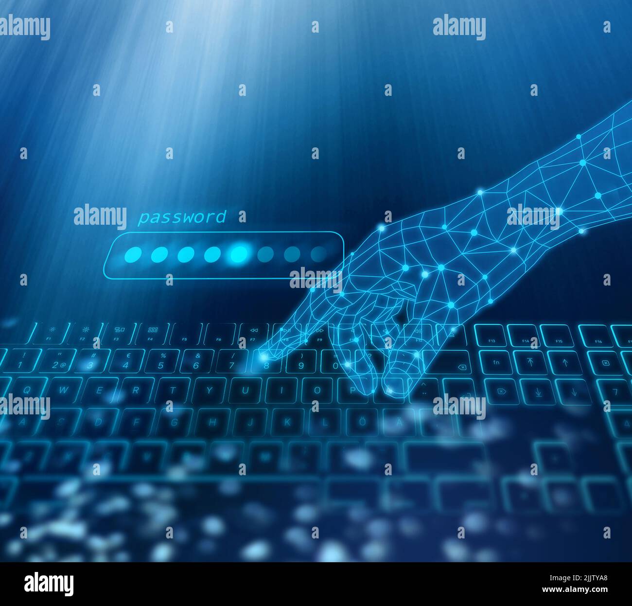 Digital hand reaching and typing password, world wide data breach and ...