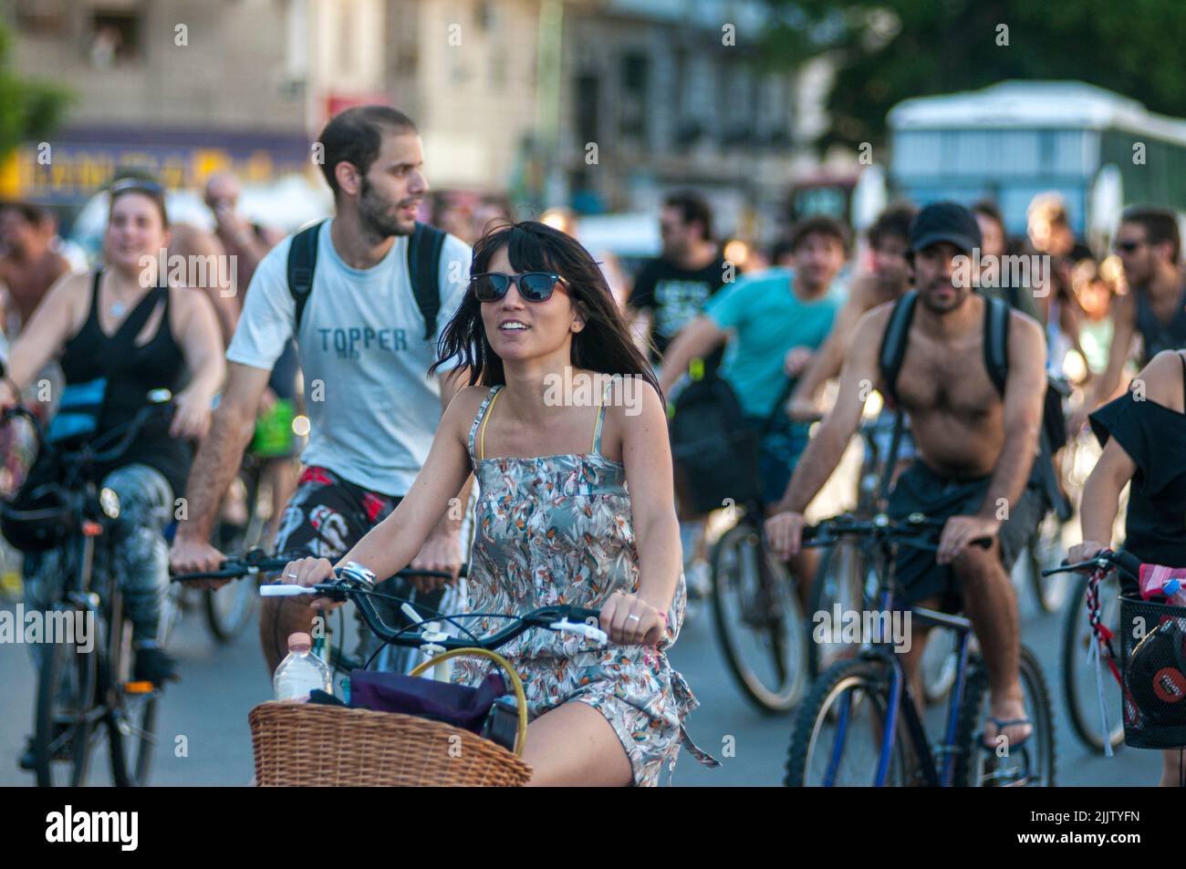 A group of bikers during a Critical Mass Gathering in Buenos Aires ...