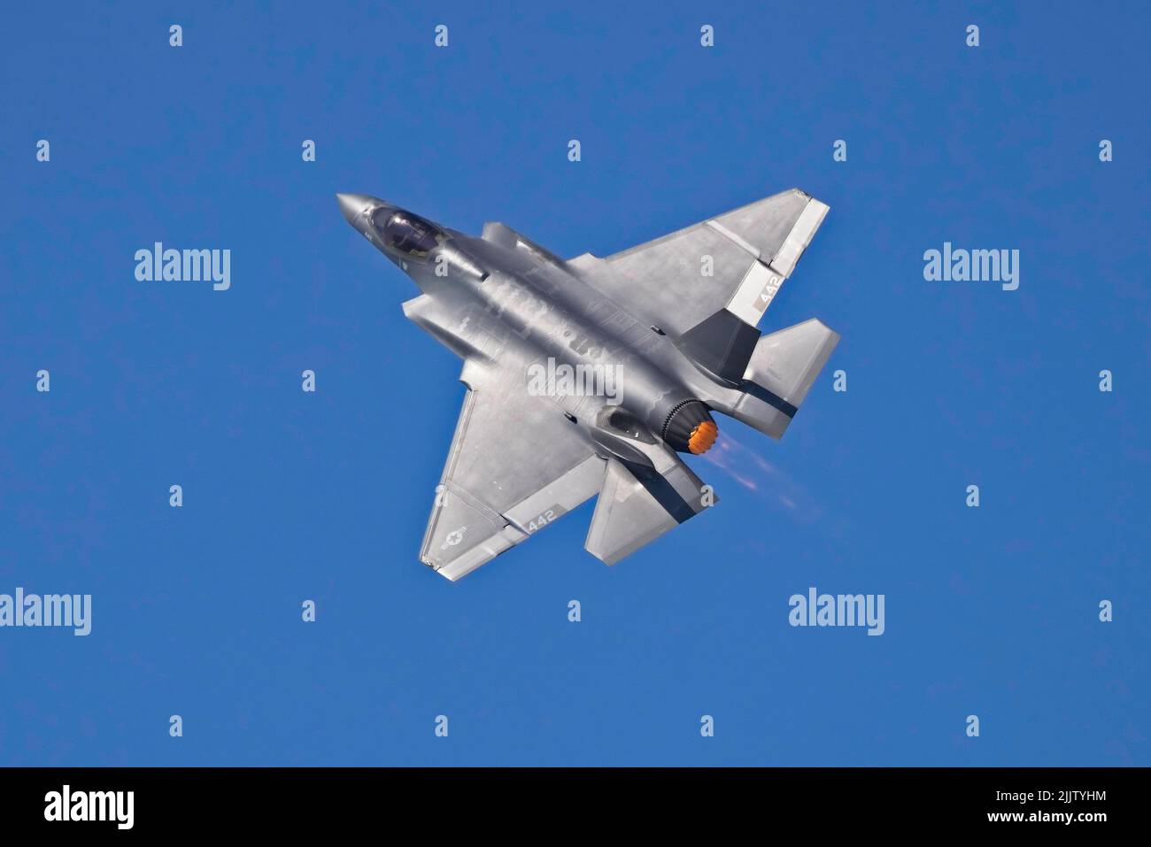 A low angle closeup of an F-35 in flight at Huntington Beach Airshow ...