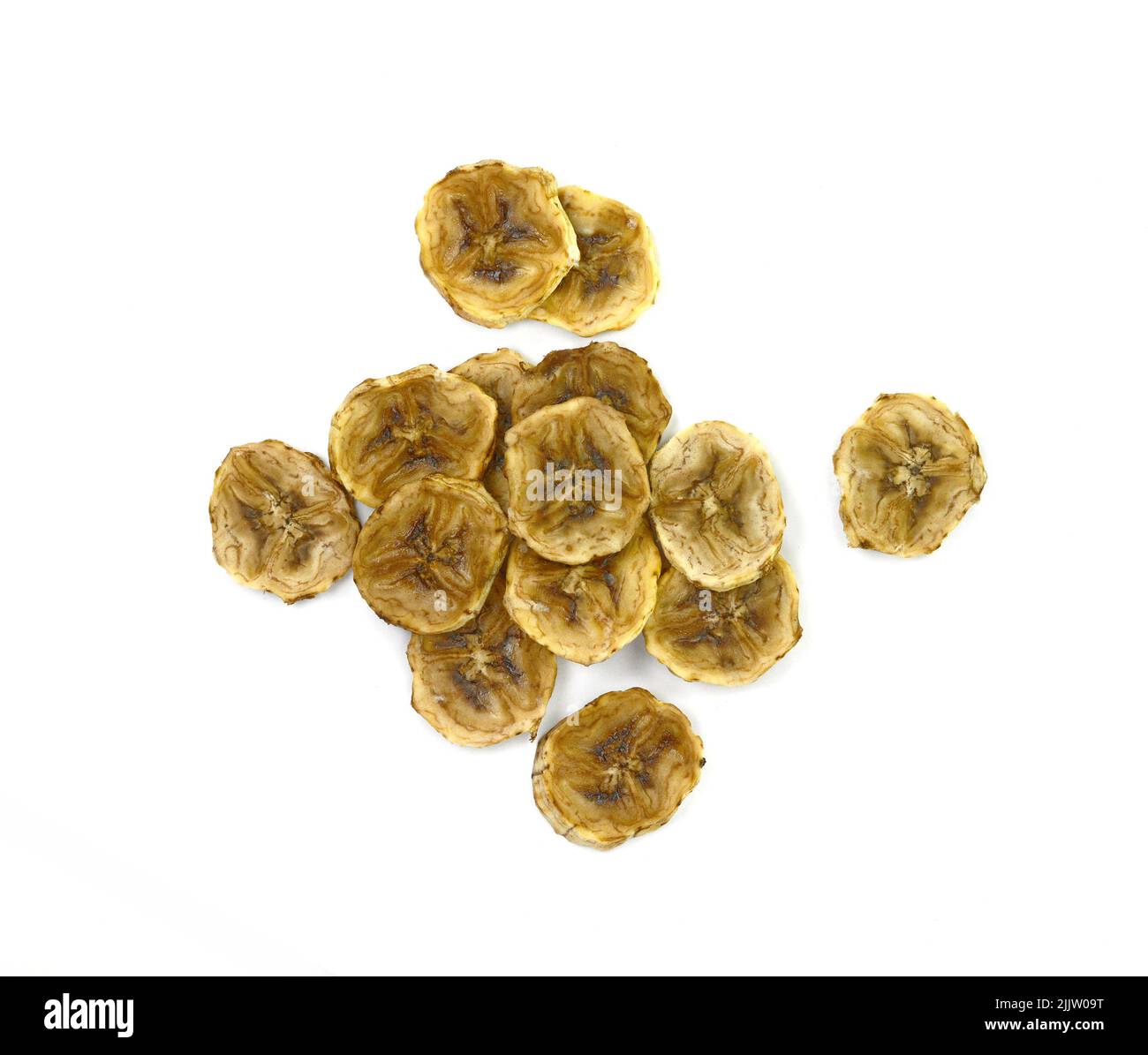 Dried banana slice isolated on white background. multiple dried banana ...