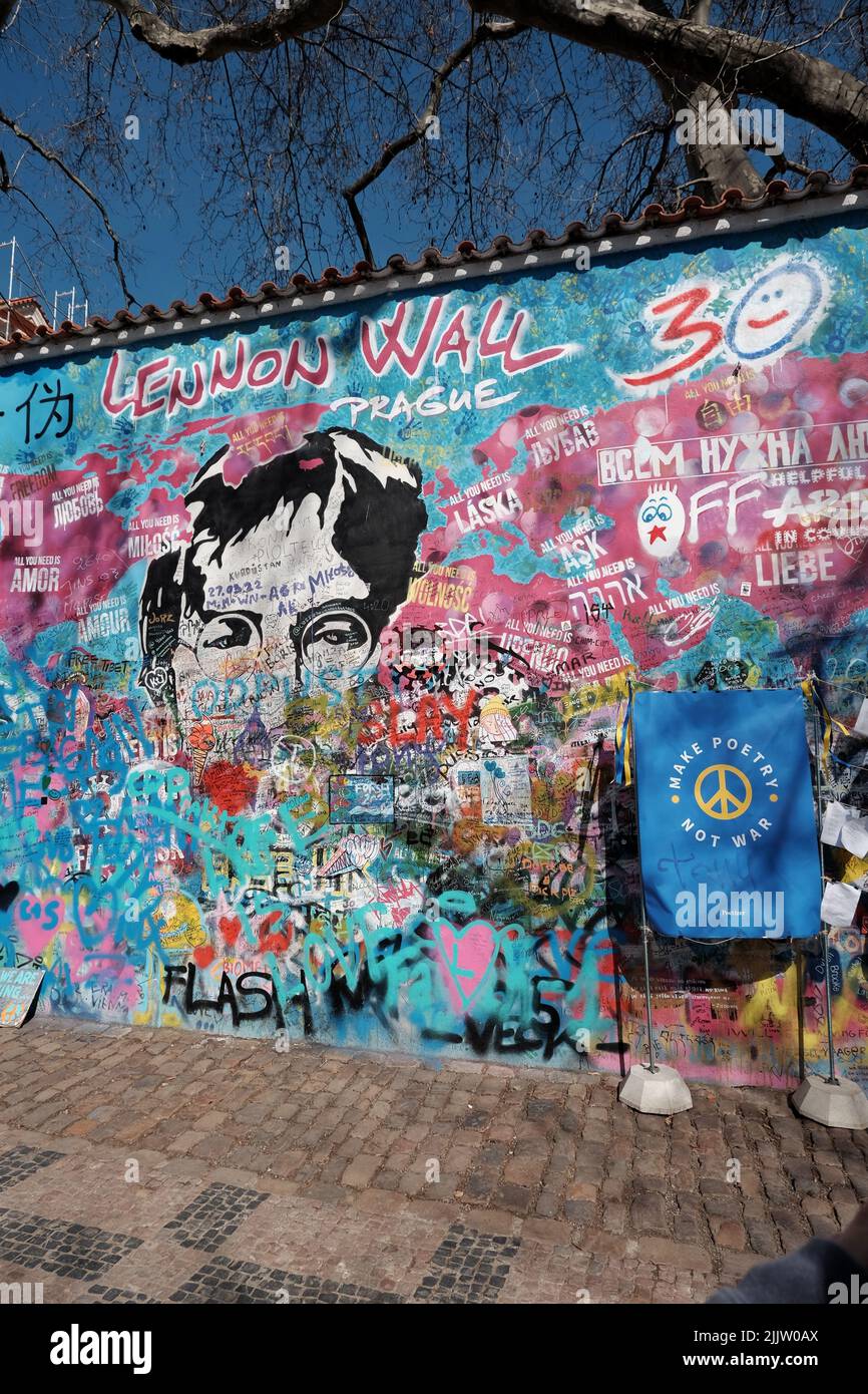 A picture of a part of John Lennon's wall at Kampa Park, Prague Stock ...