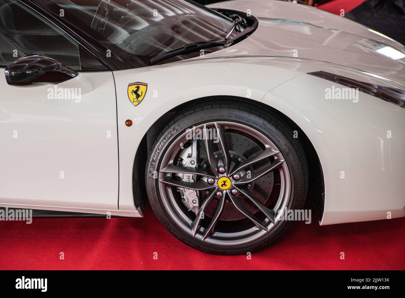A closeup of a white Ferrari super sports car front detail Stock Photo ...