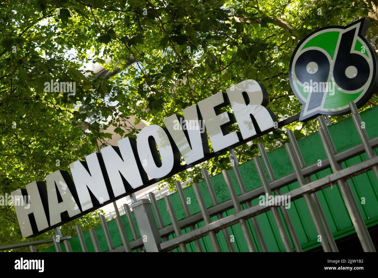 Hanover, Germany. 28th July, 2022. A Hannover 96 logo hangs outside the ...