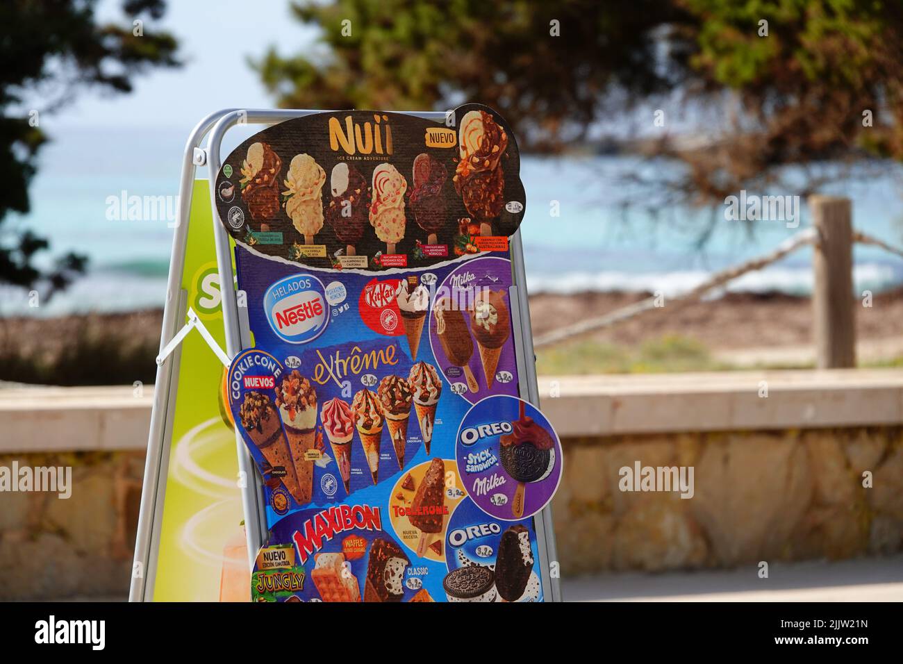 Picture shows an advertising sign for ice cream in Sa Coma, Mallorca ...