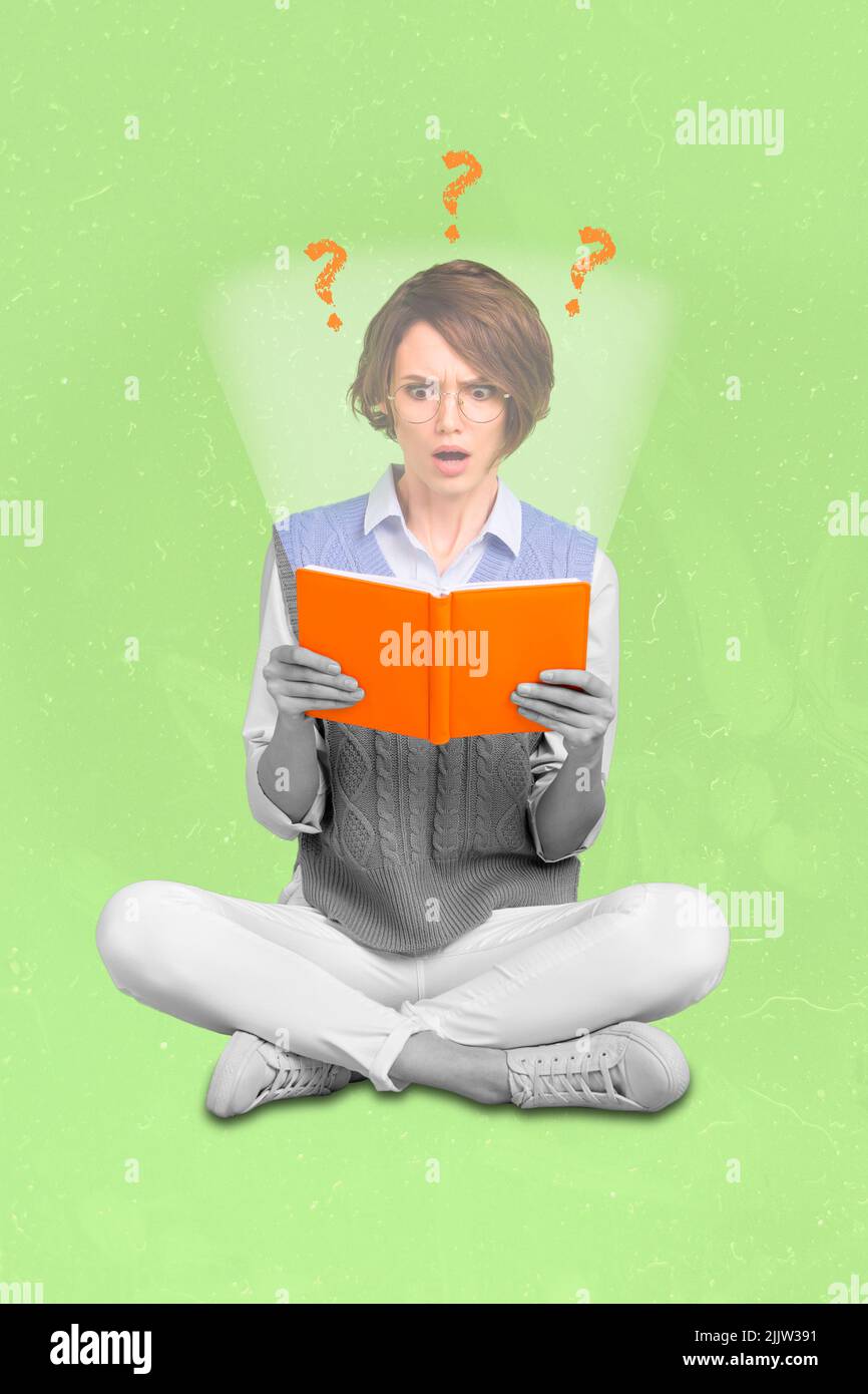 Poster collage of shocked high schoolgirl prepare graduation test read ...