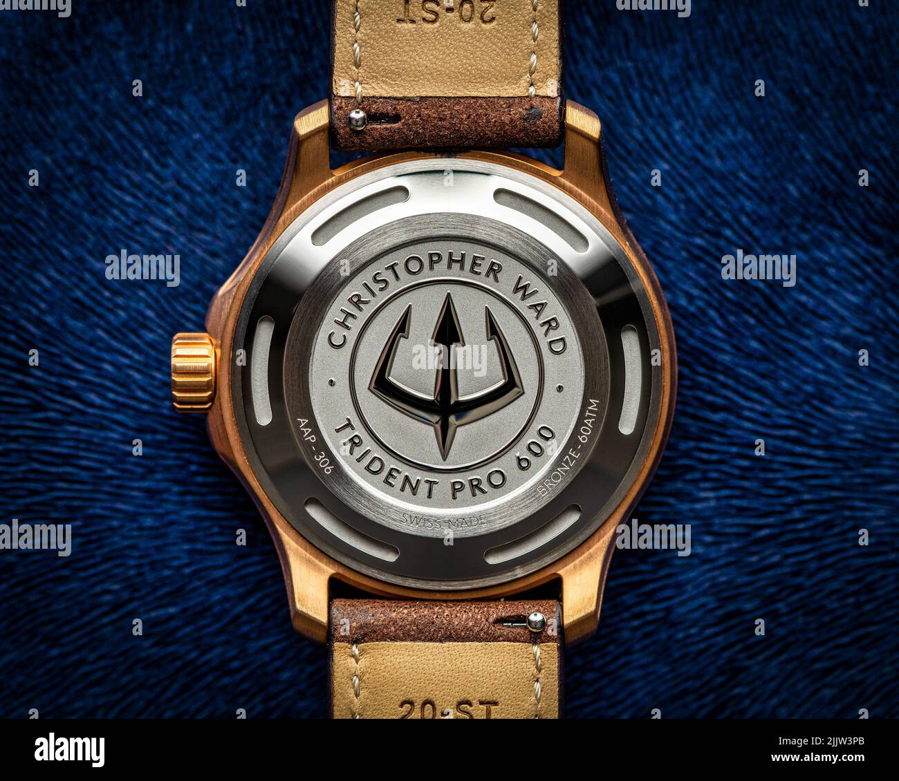 A closeup shot of the flip side of the Christopher Ward C60 Trident ...
