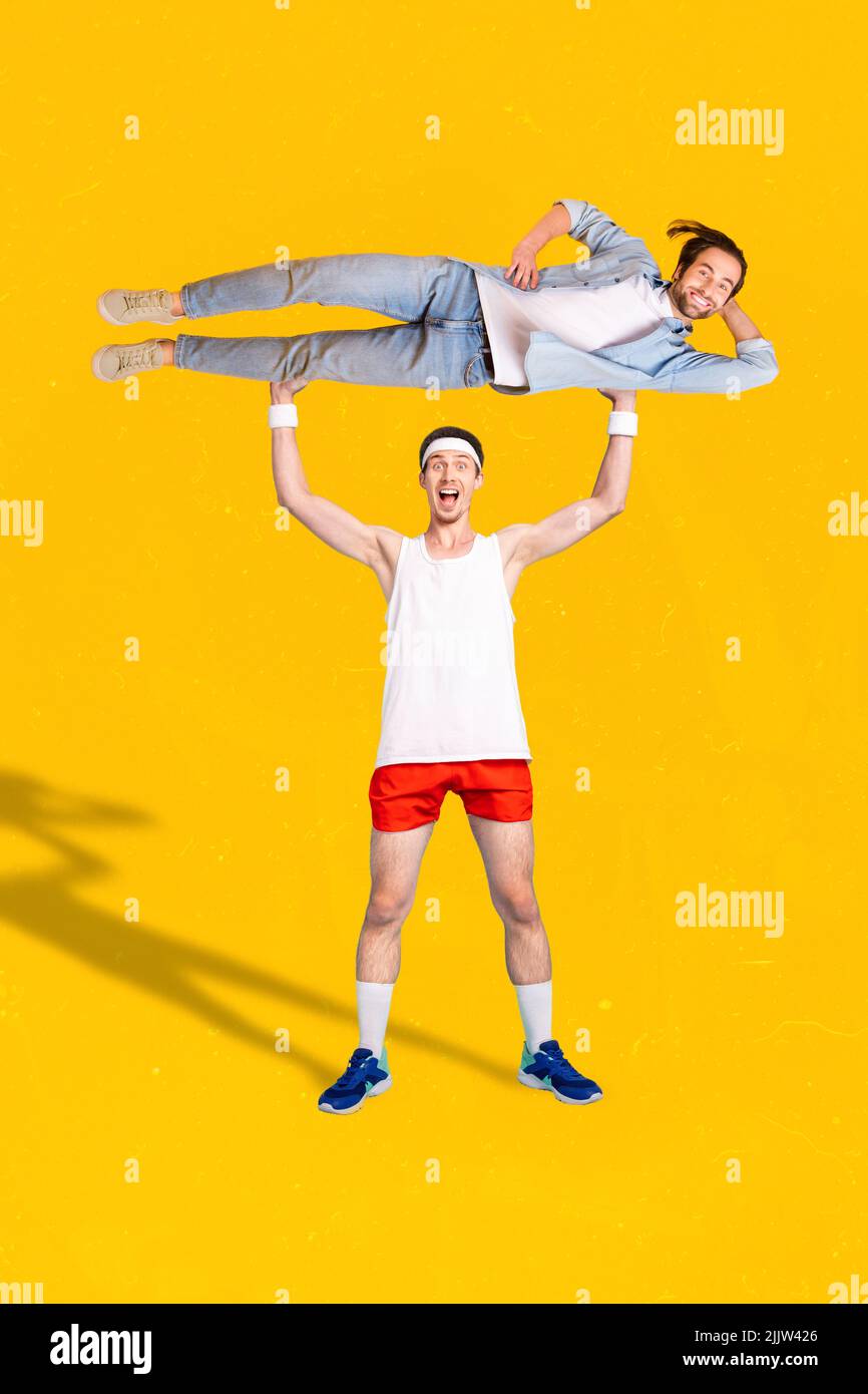 Vertical collage picture of sporty positive excited guy hands hold ...