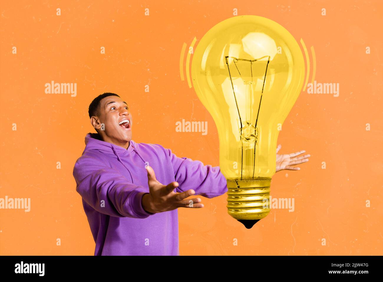 Poster collage of excited guy catch big glow shine light bulb ...