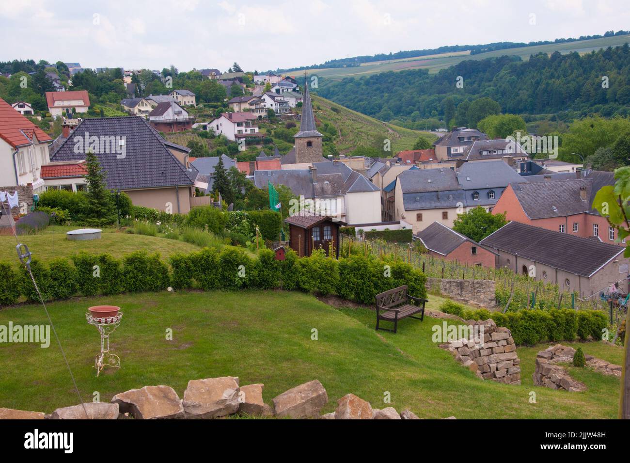 An aerial view of the houses and landmarks of the town of Ehnen ...
