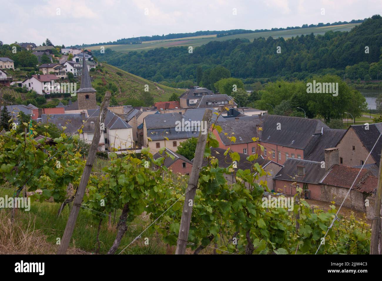 A view of the houses and landmarks of the town of Ehnen, Luxembourg ...