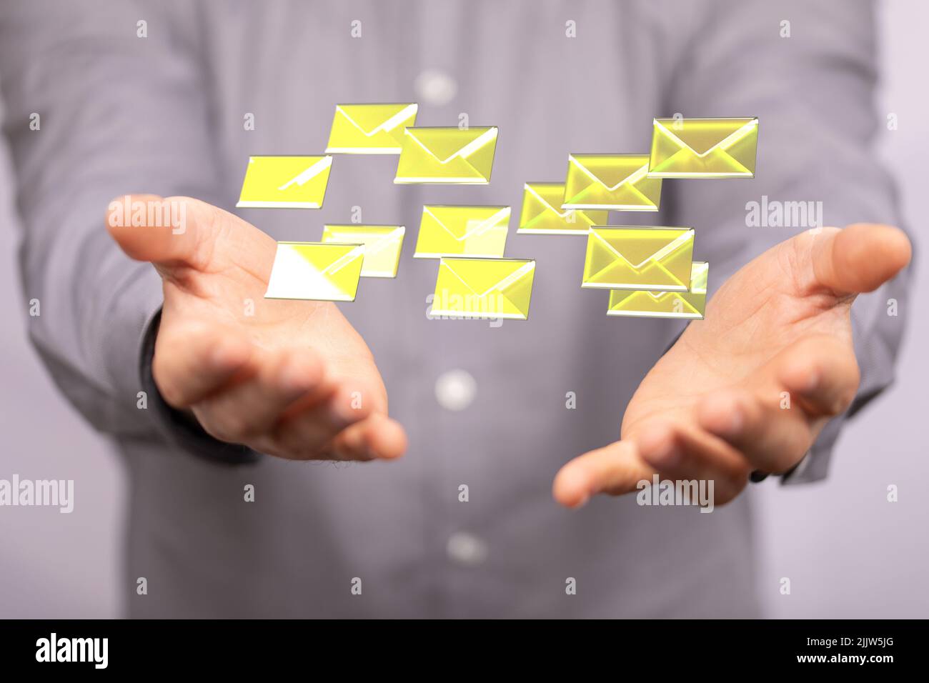 The hologram of 3D rendered yellow message icons concept with a person ...