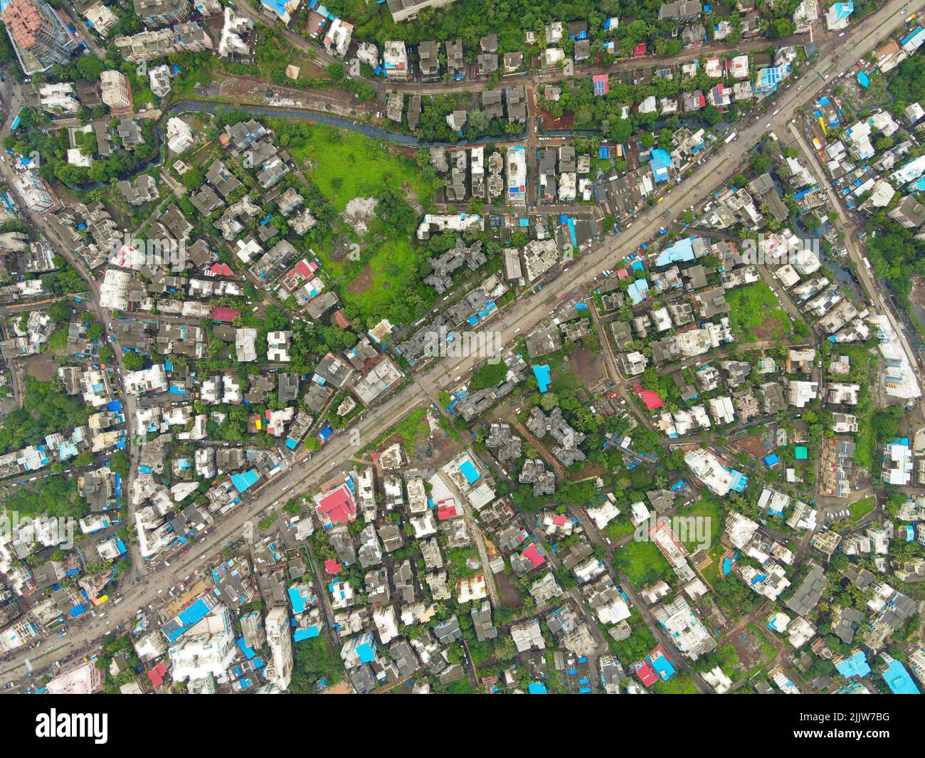 The aerial top-down view of Thane city, taken from a drone during ...