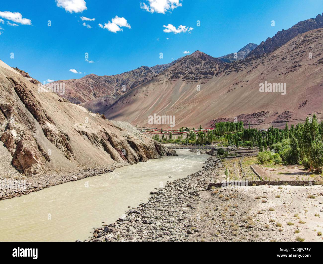 The sangam point of Nubra and Shyok rivers in Leh city, Ladakh, India ...
