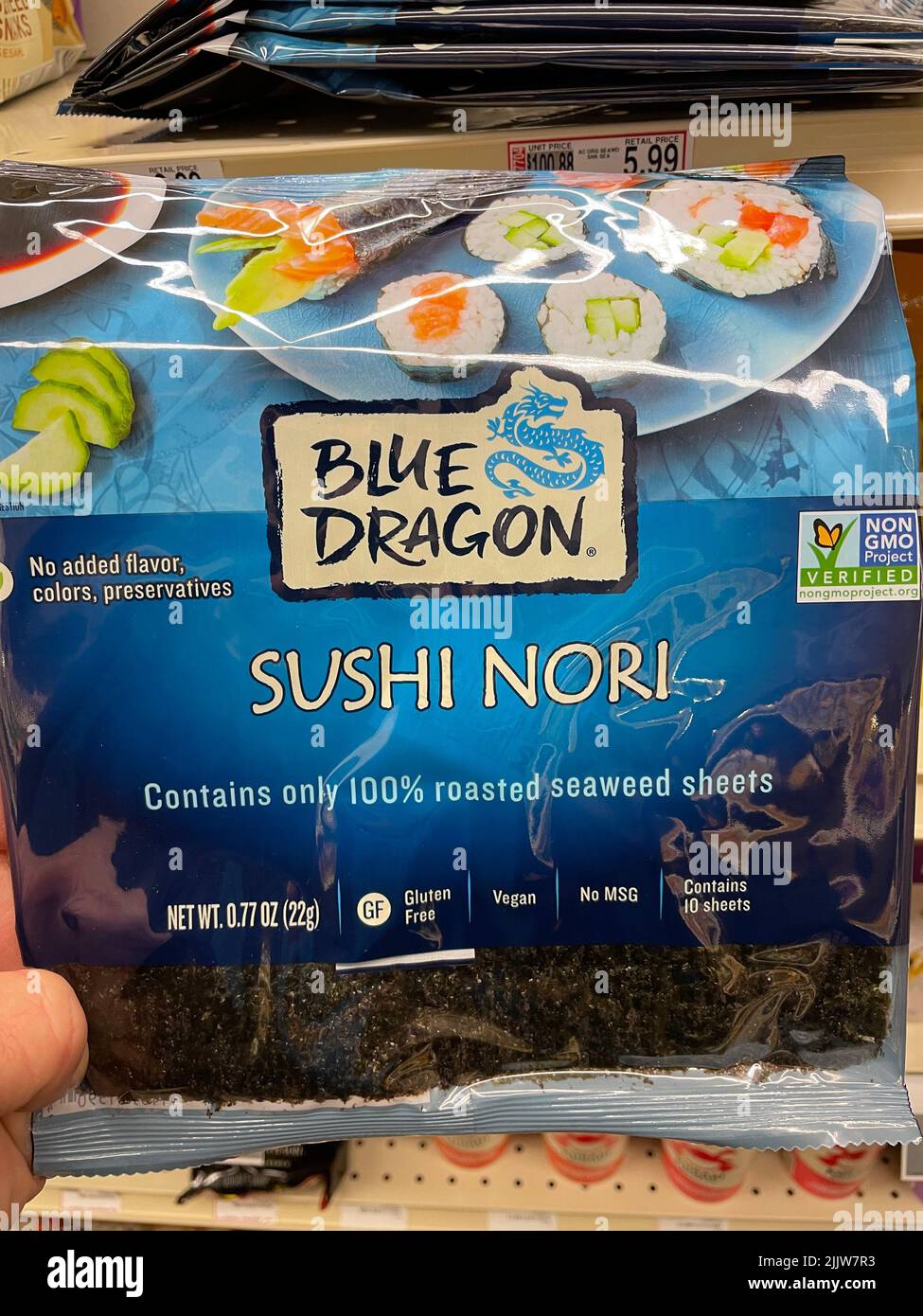 Grovetown, Ga USA - 03 15 22: Retail store Blue Dragon wraps sushi nori ...