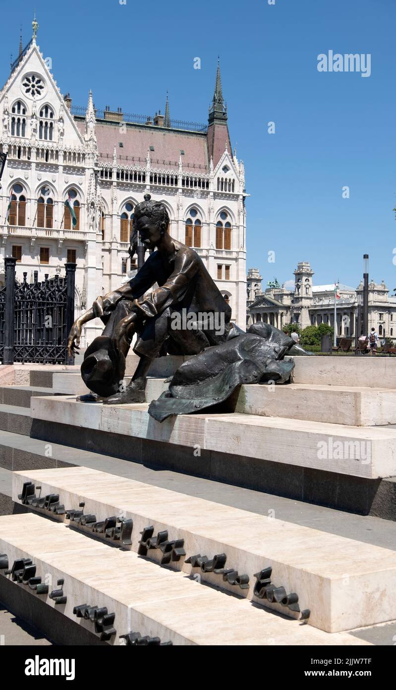 Shoes on the Danube Bank and Attila Jozesef statue in Budapest Stock ...