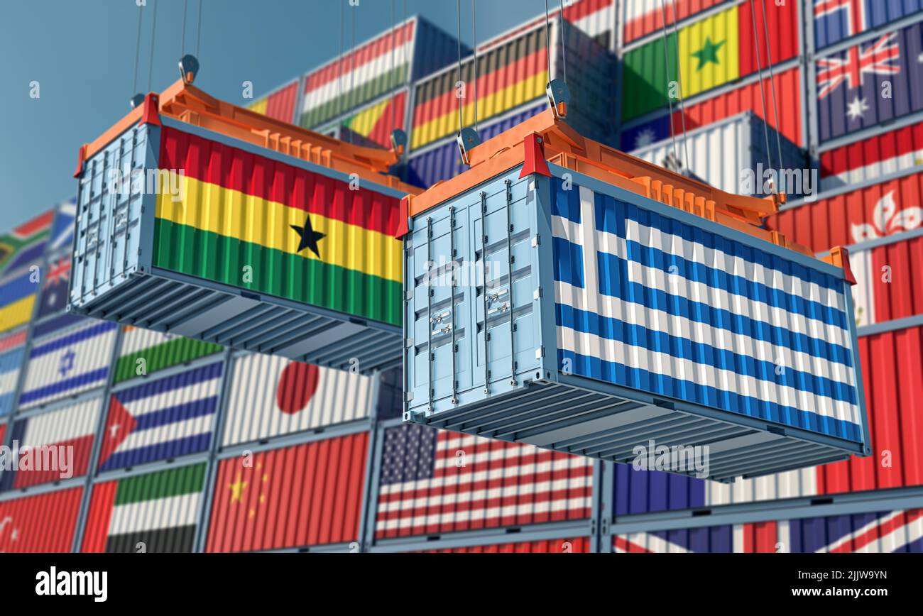 Cargo containers with Greece and Ghana national flags. 3D Rendering Stock Photo - Alamy