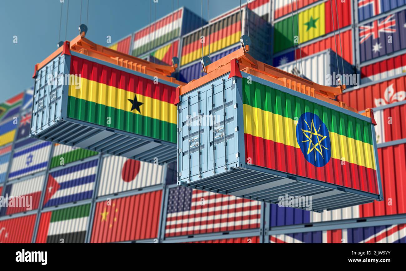 Cargo containers with Ethiopia and Ghana national flags. 3D Rendering ...