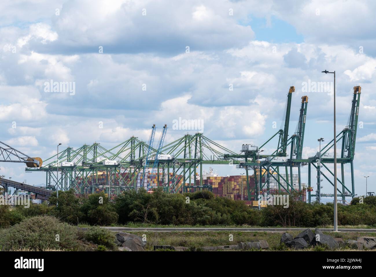 A high angle shot of Container Terminal XXI at the Port of Sines ...