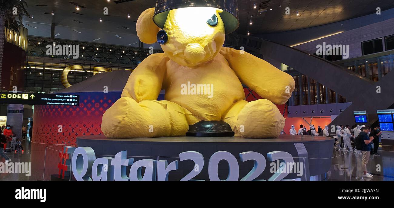 Giant yellow teddy bear installation in Hamad International Airport ...