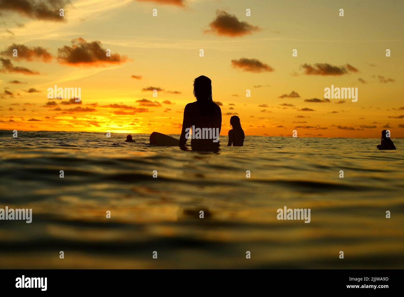 A female surfer waiting for waves at sunset in Sumatra, Indonesia Stock ...