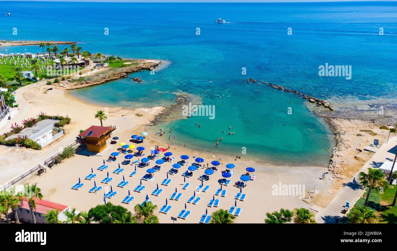 Aerial bird's eye view of Pernera beach in Protaras, Paralimni ...