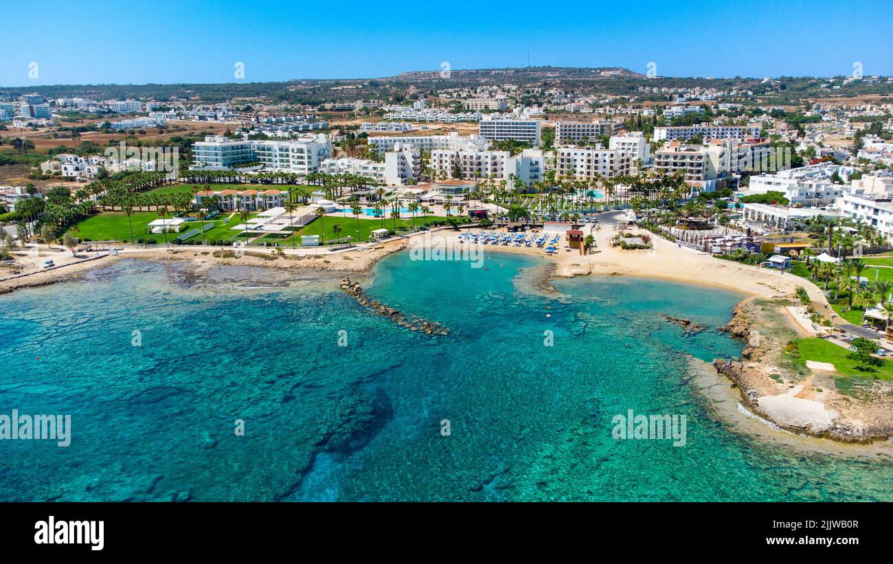 Aerial bird's eye view of Pernera beach in Protaras, Paralimni ...
